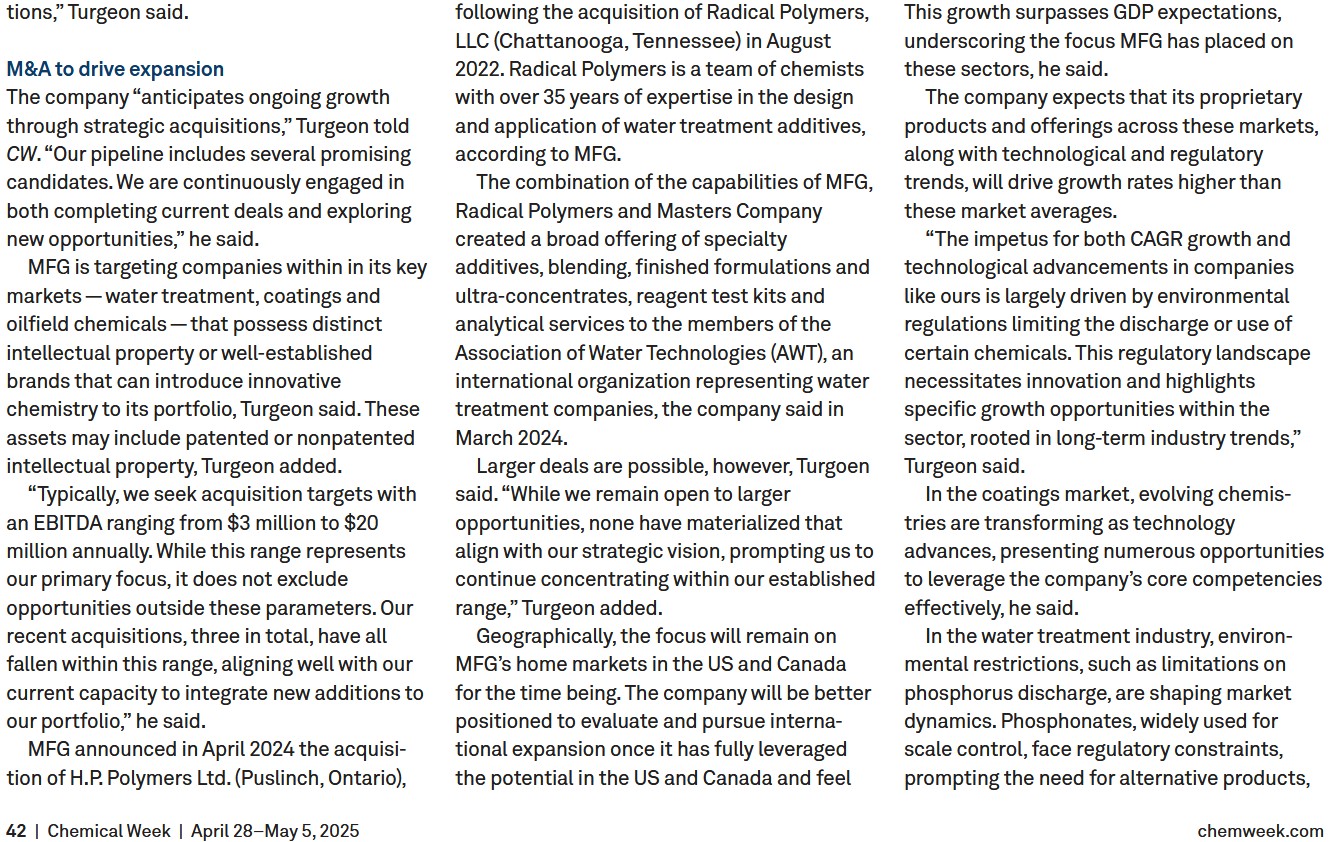 MFG Chemical in Chemical Week Magazine April 28- May 5, 2025 - MFG Chemical